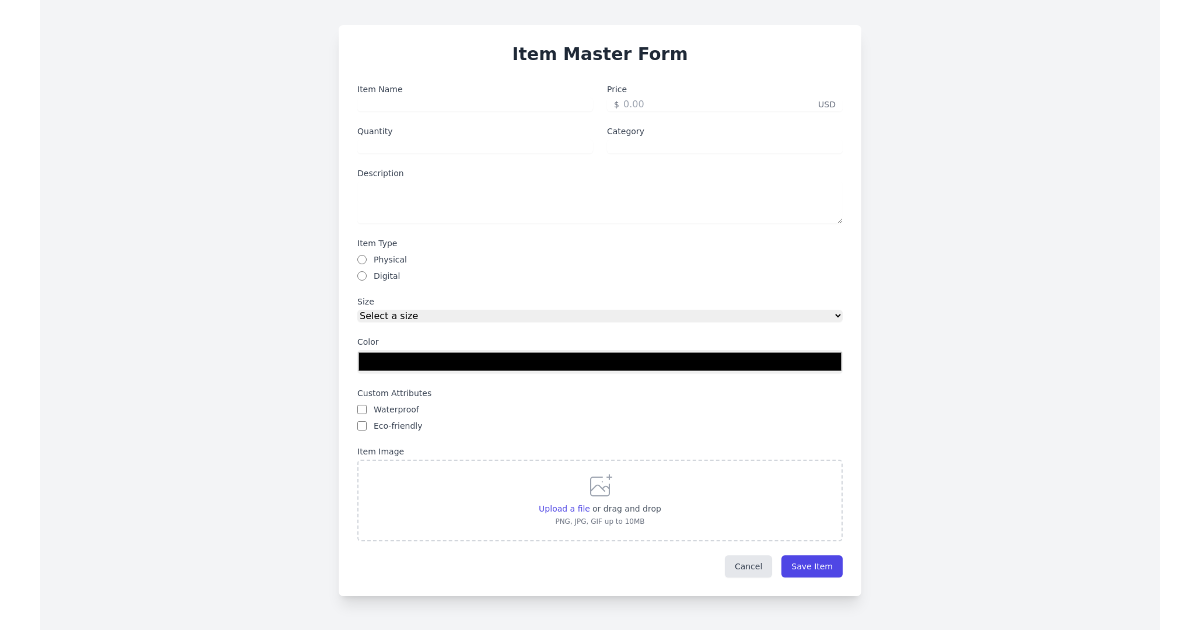 Item Master Form - Free Html, Tailwind Component