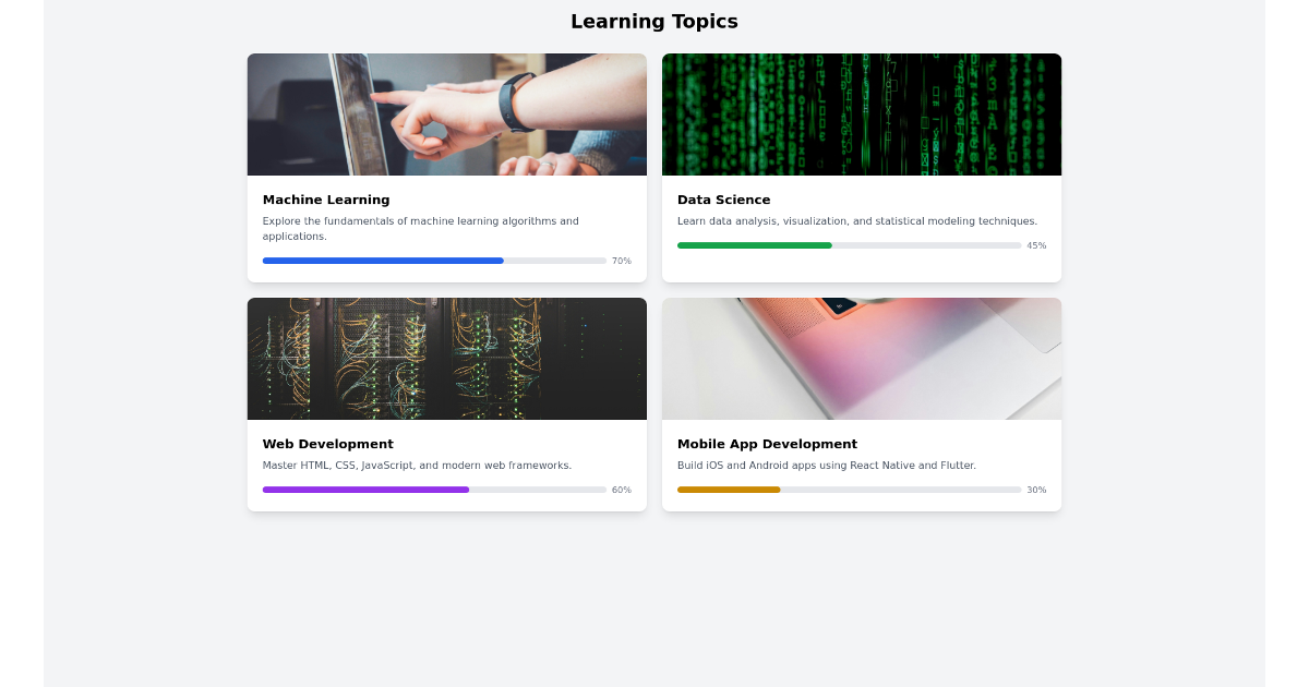 Learning Topic Cards - Free Html, Tailwind Component
