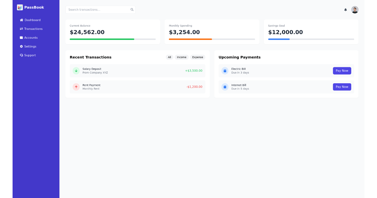 Passbook Dashboard Interface - Free Html, Tailwind Component