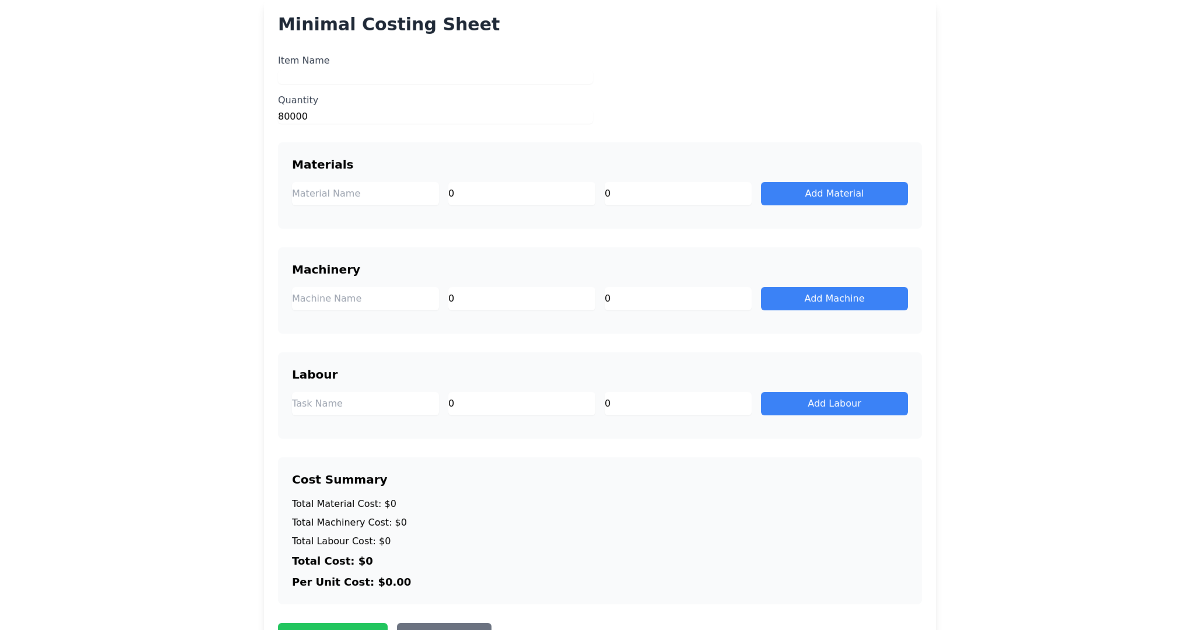 Costing Sheet - Free React, Tailwind Component