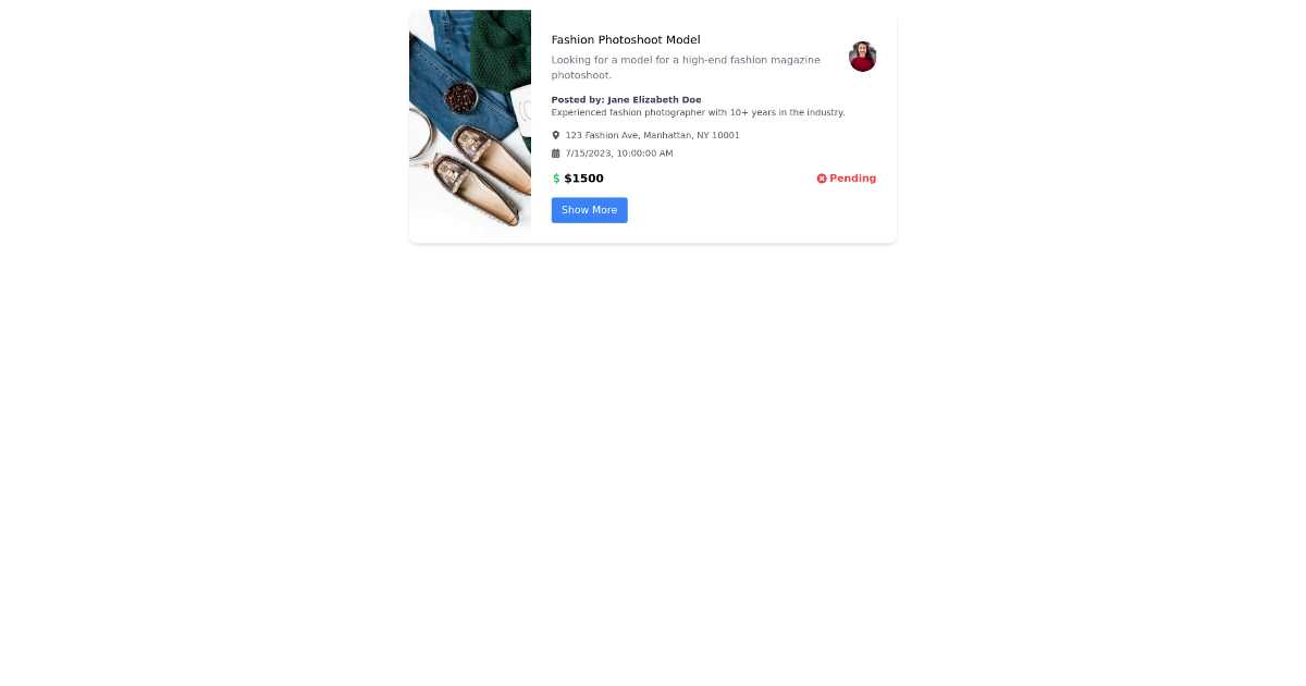 Model Job Card - Free React, Tailwind Component