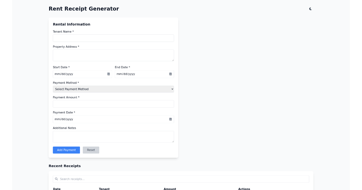 Rent Receipt Dashboard - Free React, Tailwind Component