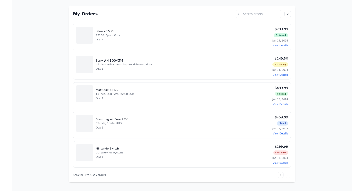 Orders Page - Free React, Tailwind Component
