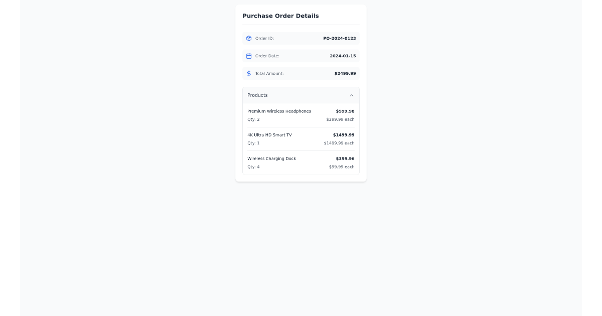 Purchase Order Details - Free React, Tailwind Component