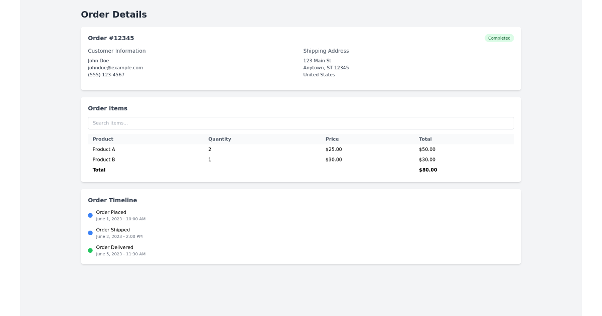 Order Details Component - Free Html, Tailwind Component