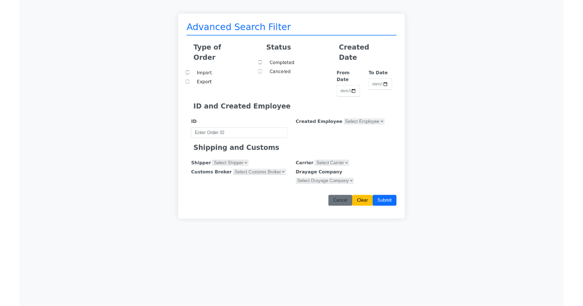 Search Order Form - Free Html, Bootstrap Component