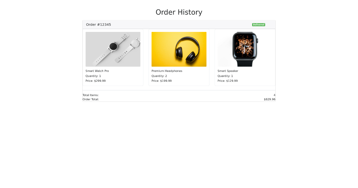 Order History Display - Free Html, Bootstrap Component
