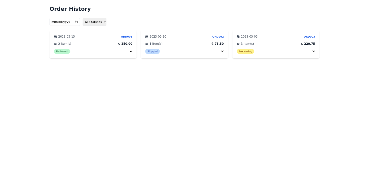 Order History - Free React, Tailwind Component