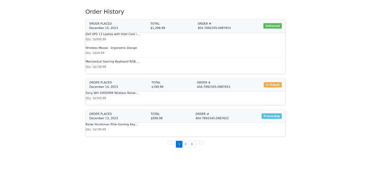 Order History Table - Free Html, Bootstrap Component