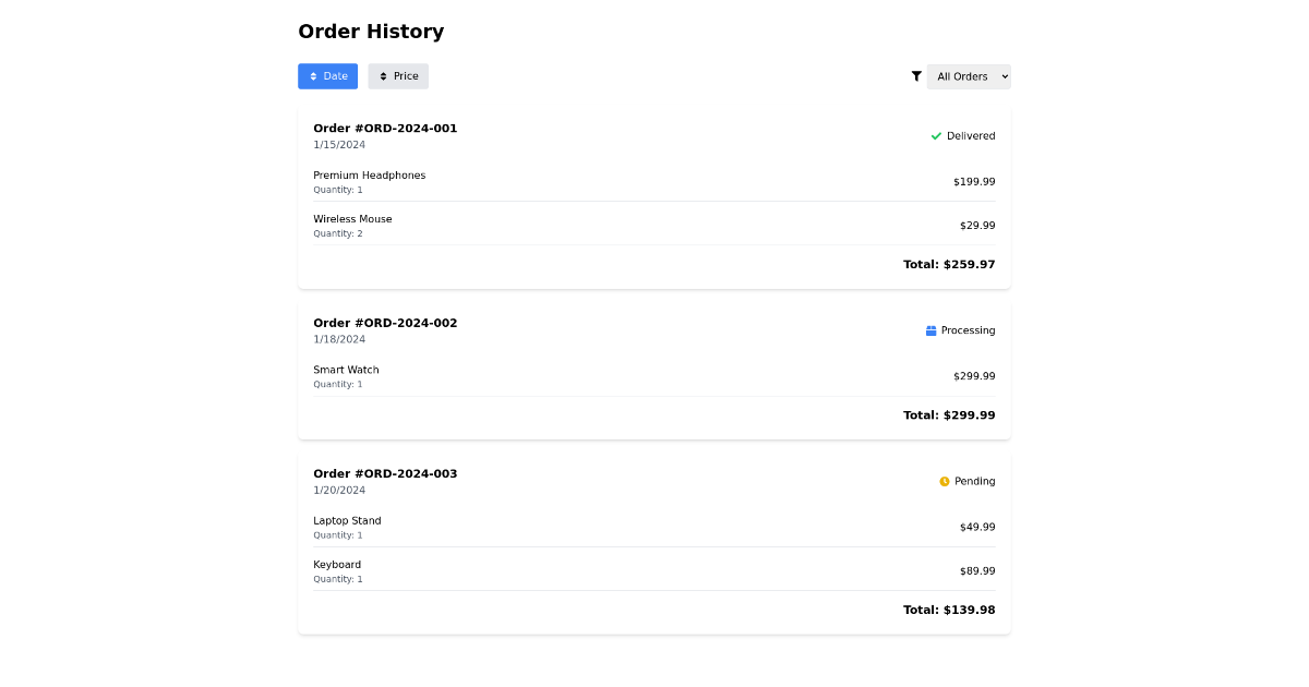 Order History Component with Pagination, Sorting, and Search - React & Tailwind