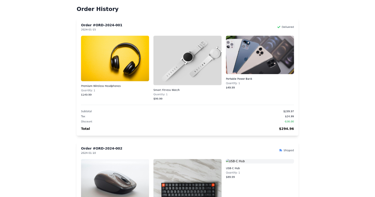 React Order History with Tailwind CSS - Track Your Purchases