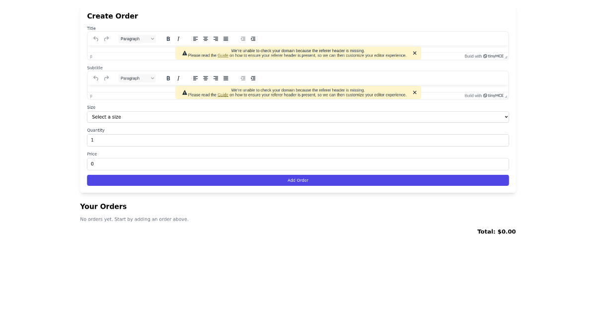 Order Creation Component - Free React, Tailwind Component
