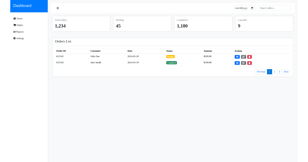 Orders Dashboard Interface - Free Html, Bootstrap Component