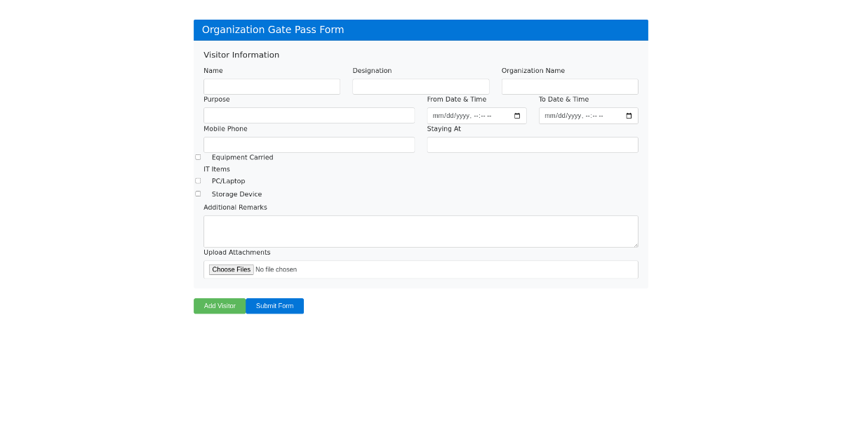 Gate Pass Form - Free Html, Bootstrap Component