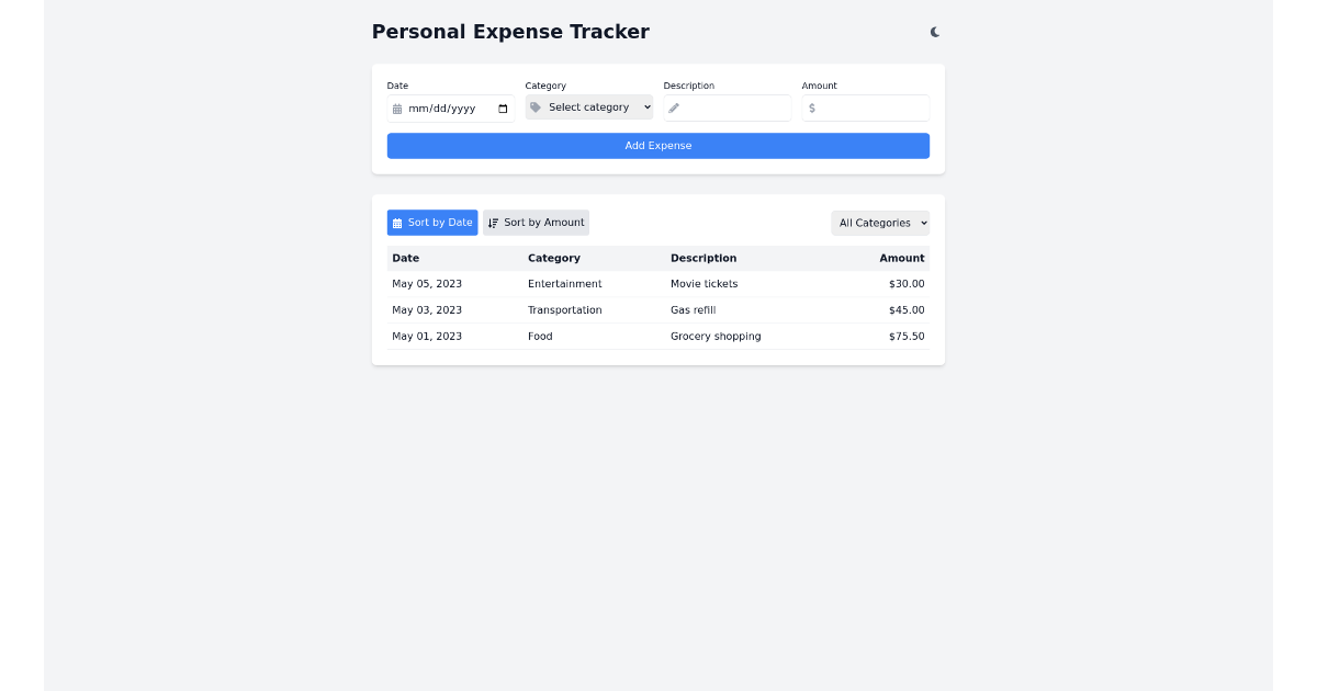 React Personal Expense Tracker Component with Tailwind