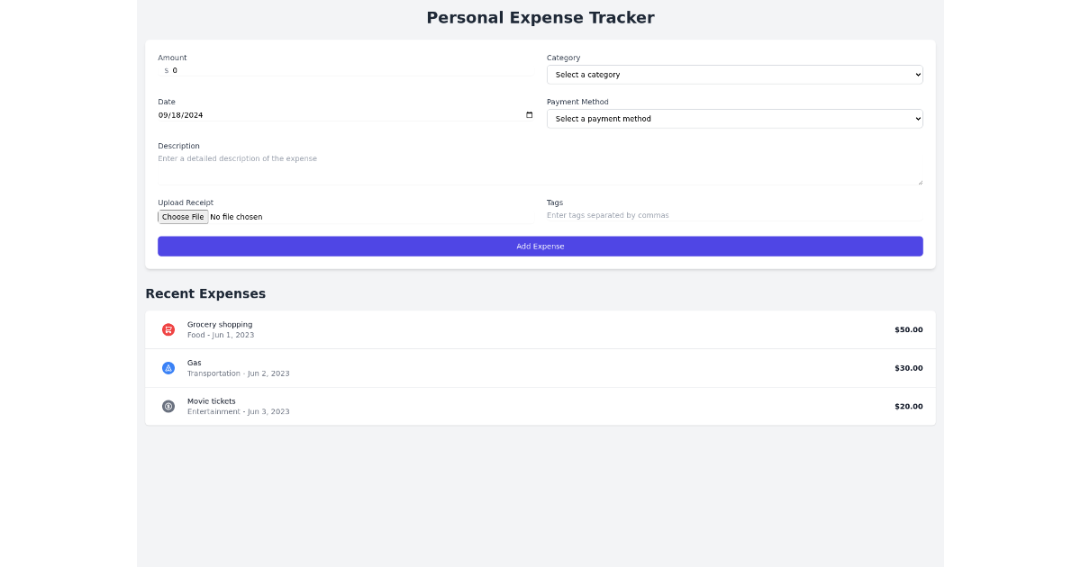 Angular Personal Expense Tracking Form with Tailwind CSS