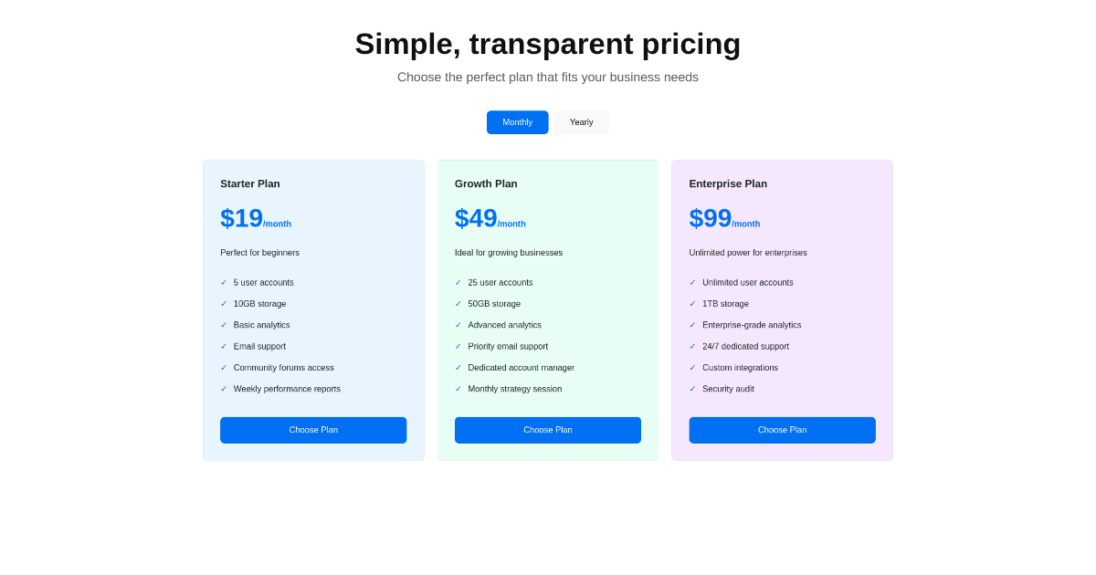Pricing Plans Component - Free Html, Bootstrap Component