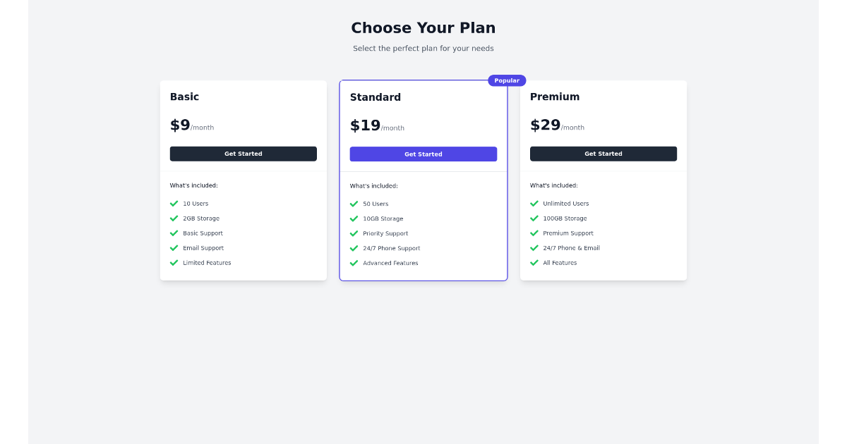 Pricing Plan - Free React, Tailwind Component
