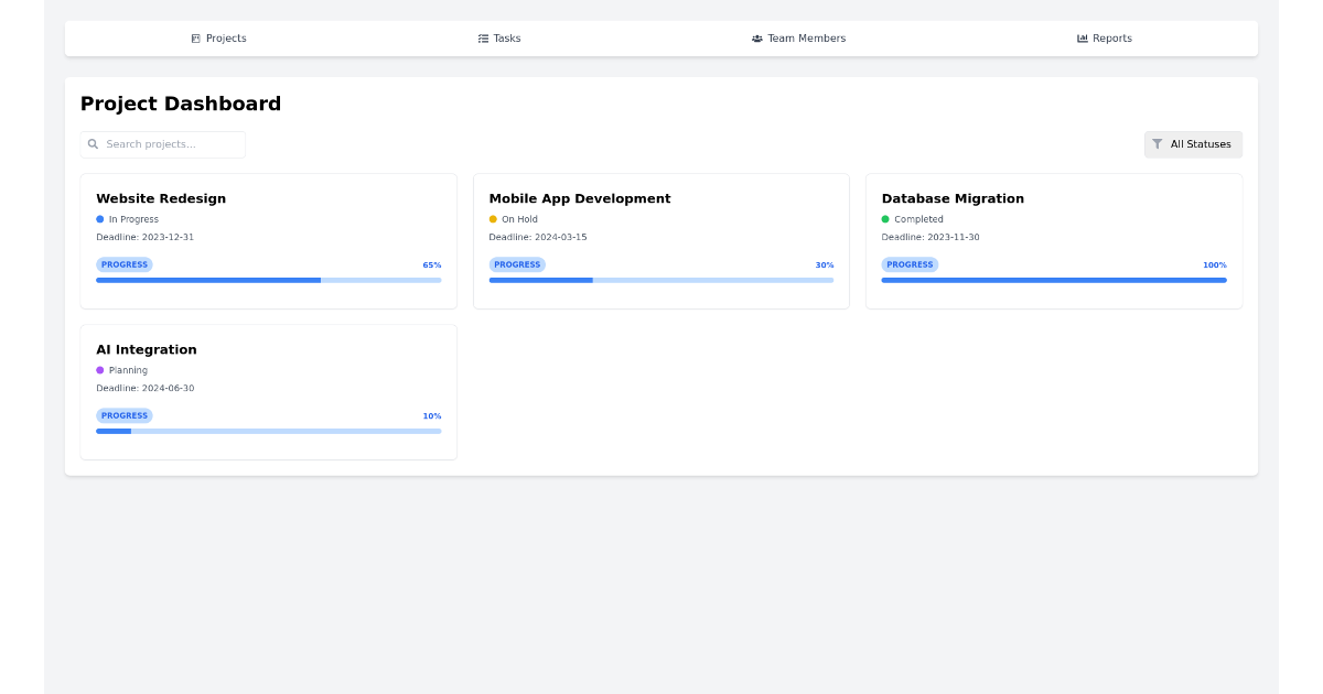 Project Dashboard - Free React, Tailwind Component
