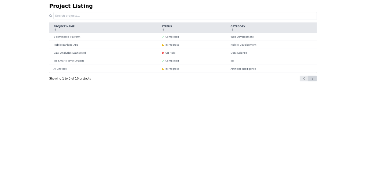 Project Listing Table - Free React, Tailwind Component