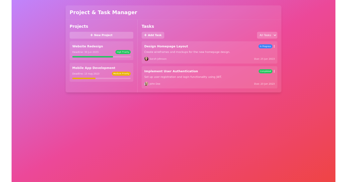 Glassmorphic Project Manager - Free Html, Tailwind Component
