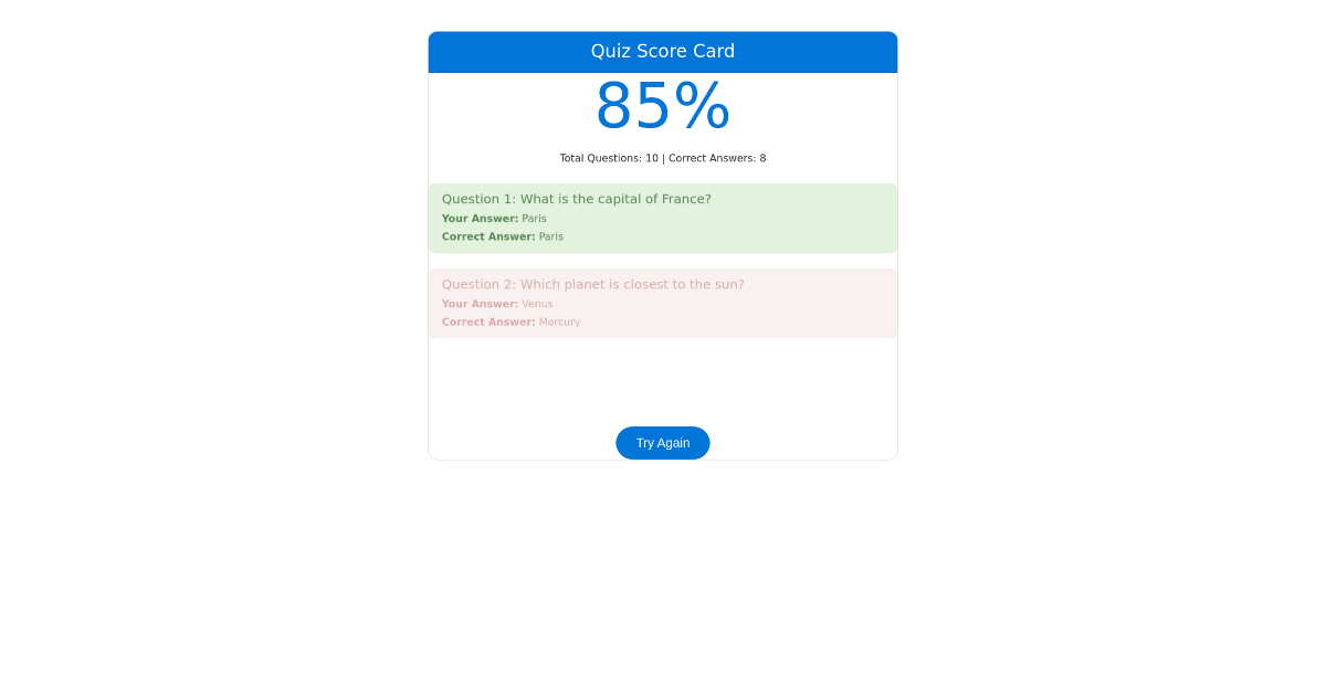 Animated Quiz Scorecard - Free Html, Bootstrap Component