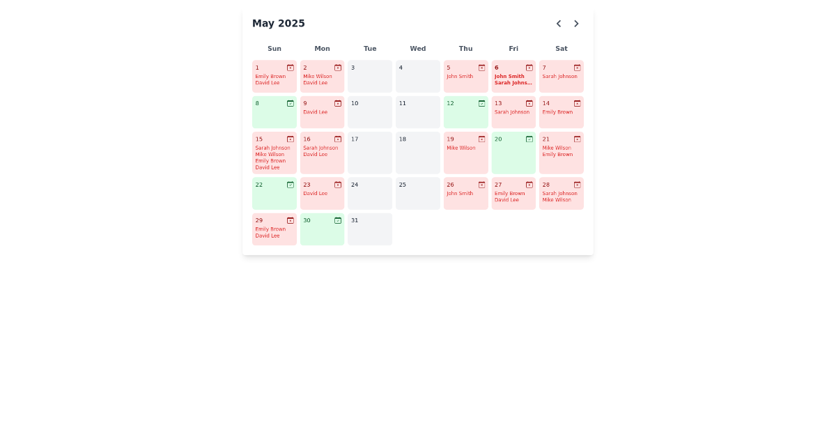 Attendance Calendar - Free React, Tailwind Component