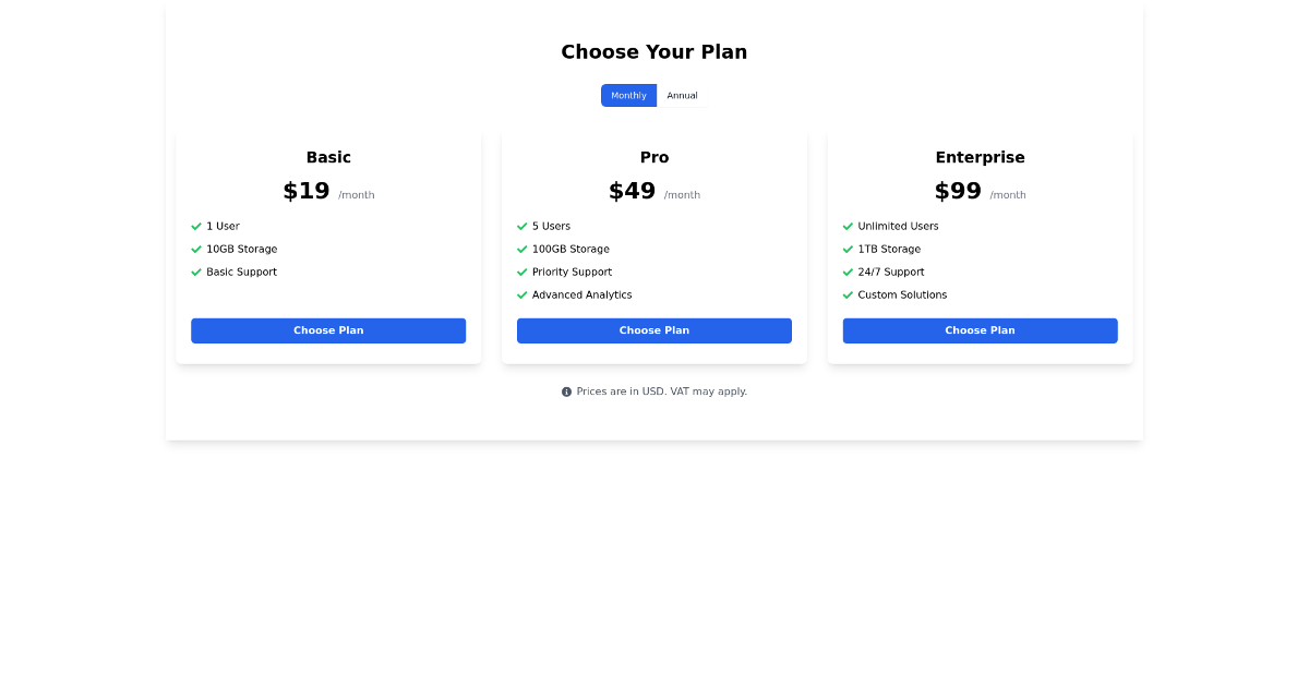 Pricing Plan - Free React, Tailwind Component