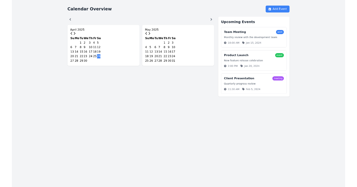 Calendar Overview - Free React, Tailwind Component