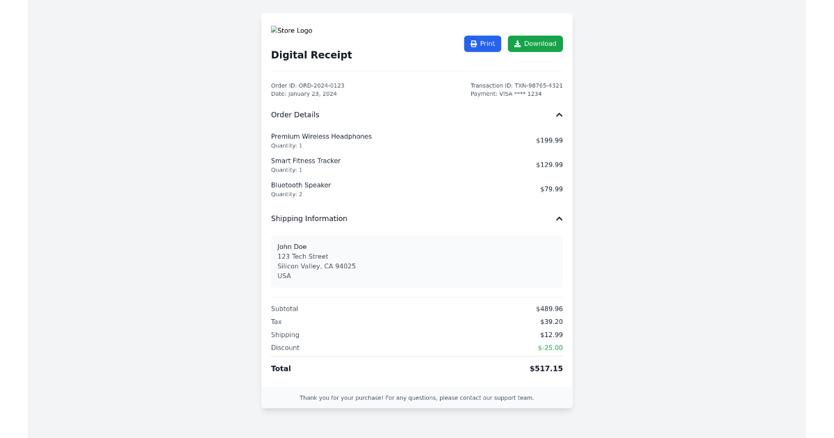 Digital Receipt - Free React, Tailwind Component