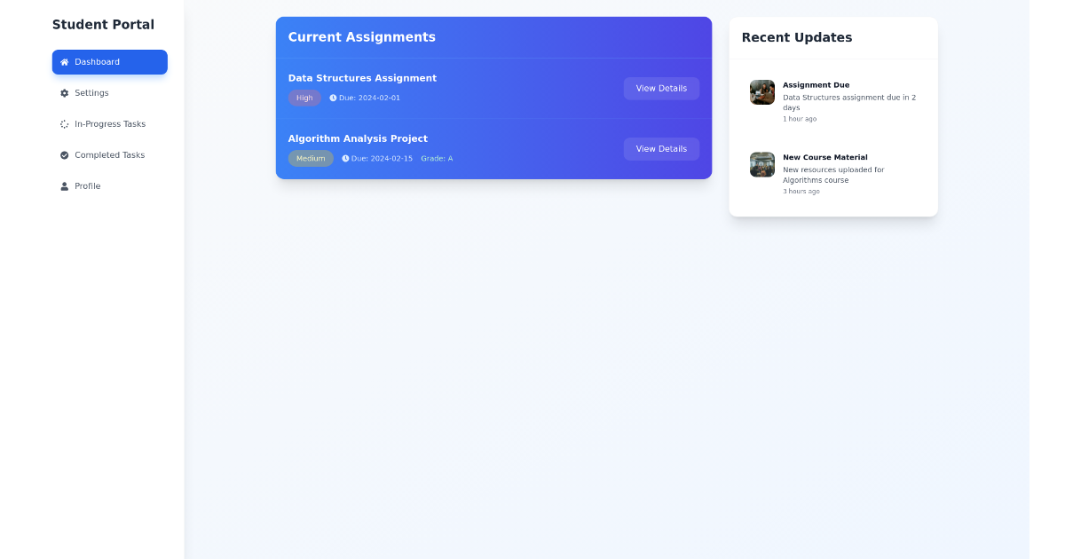 Senior Student Dashboard - Free React, Tailwind Component