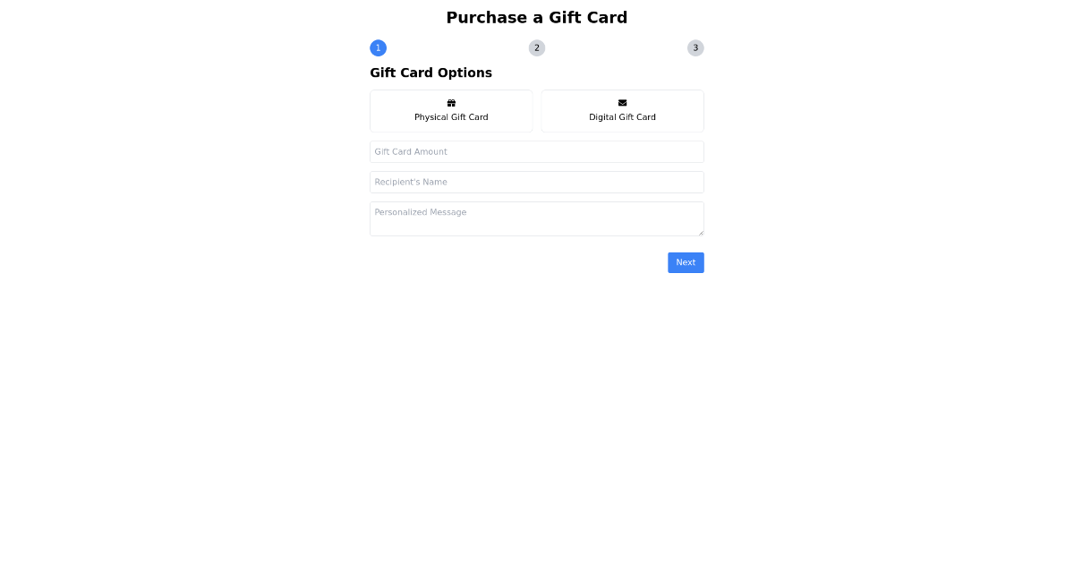 Gift Card Purchase - Free React, Tailwind Component