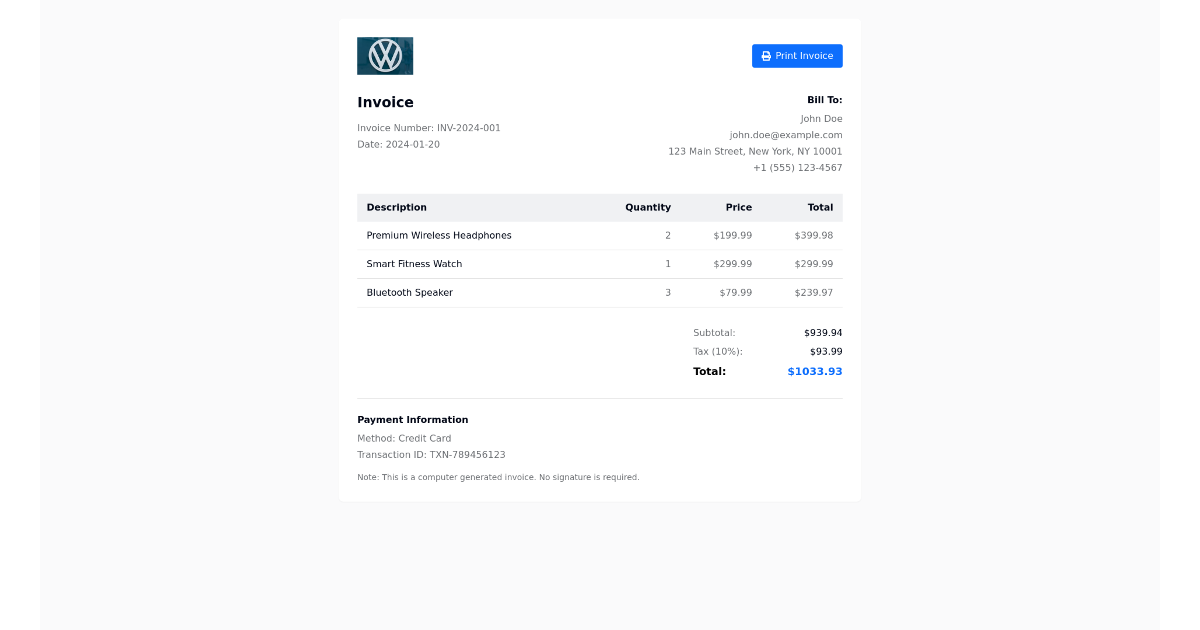 React Invoice Component with Download and Payment Status
