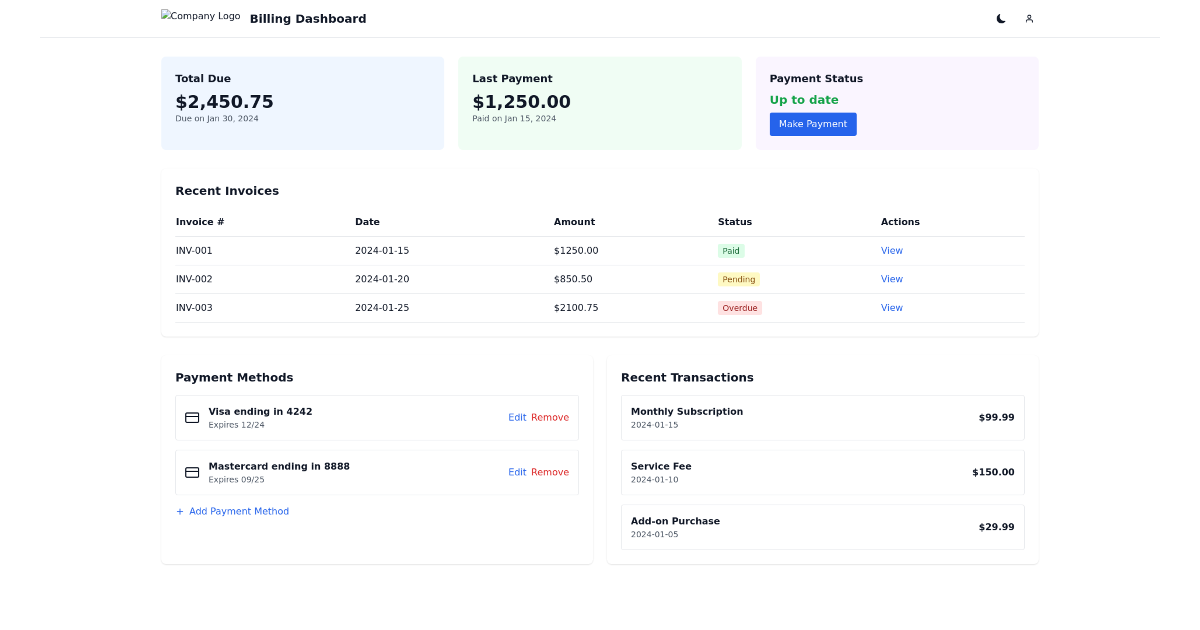 Billing Dashboard - Free React, Tailwind Component