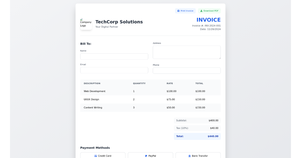 Invoice Interface - Free React, Tailwind Component