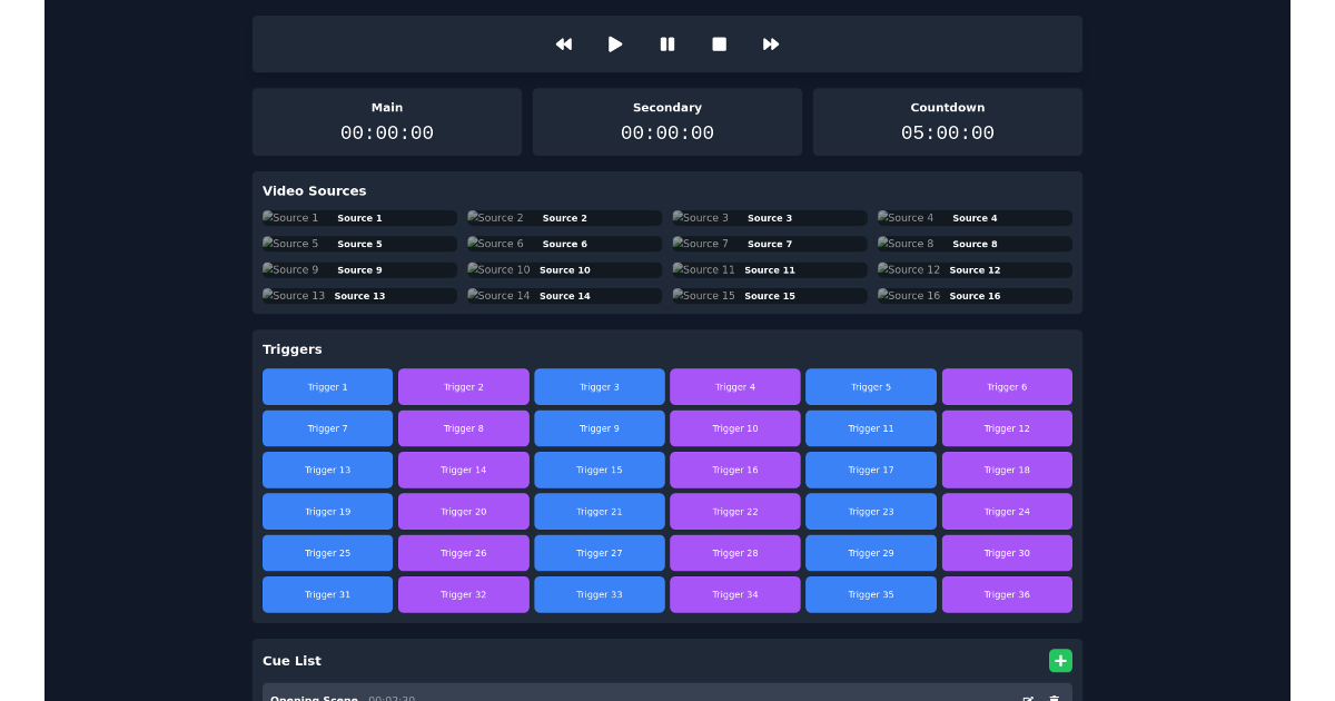 React Live Control Interface with Transport, NDI Matrix, and Quick Access