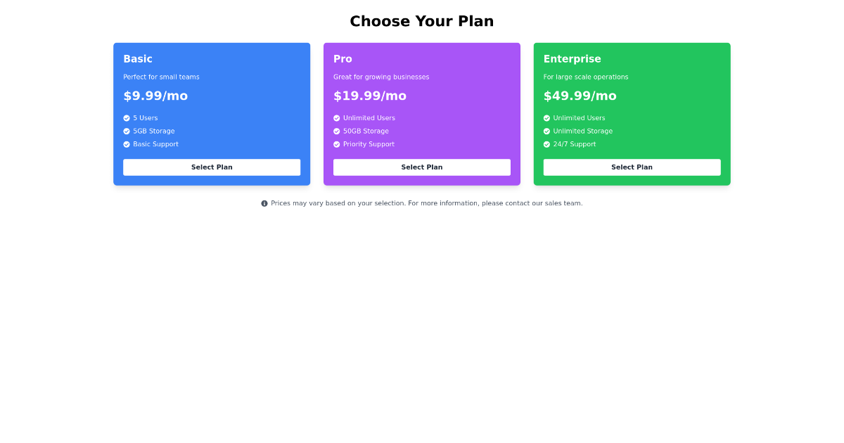 Pricing Cards - Free React, Tailwind Component