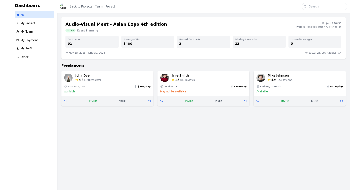 Project Management Dashboard - Free React, Tailwind Component