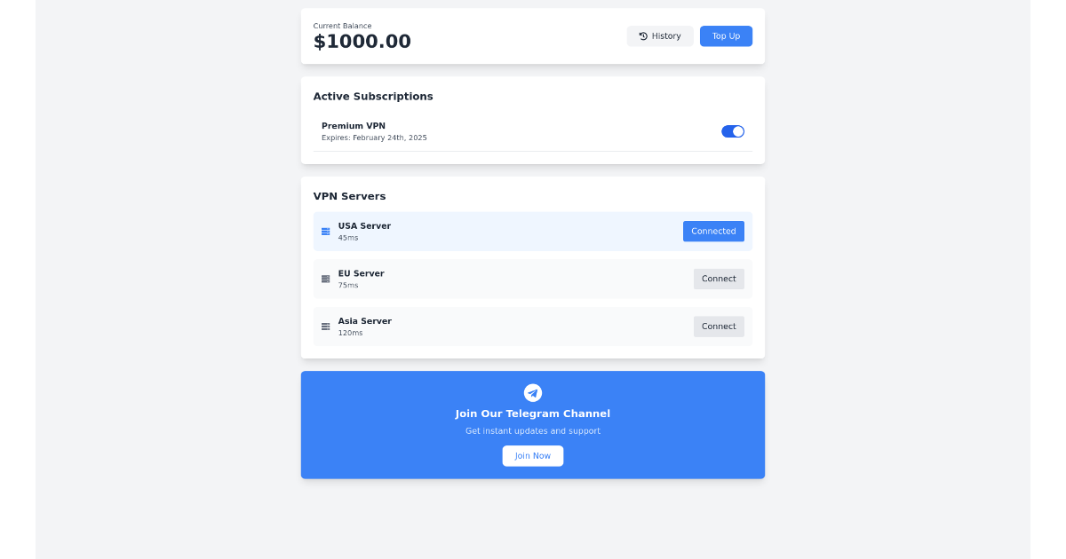 Telegram V P N - Free React, Tailwind Component