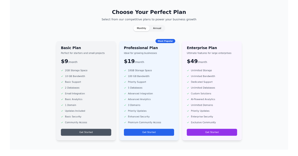 Pricing Plans - Free React, Tailwind Component