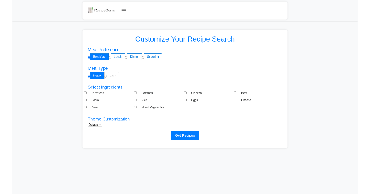Recipe Genie Customizer - Free Html, Bootstrap Component