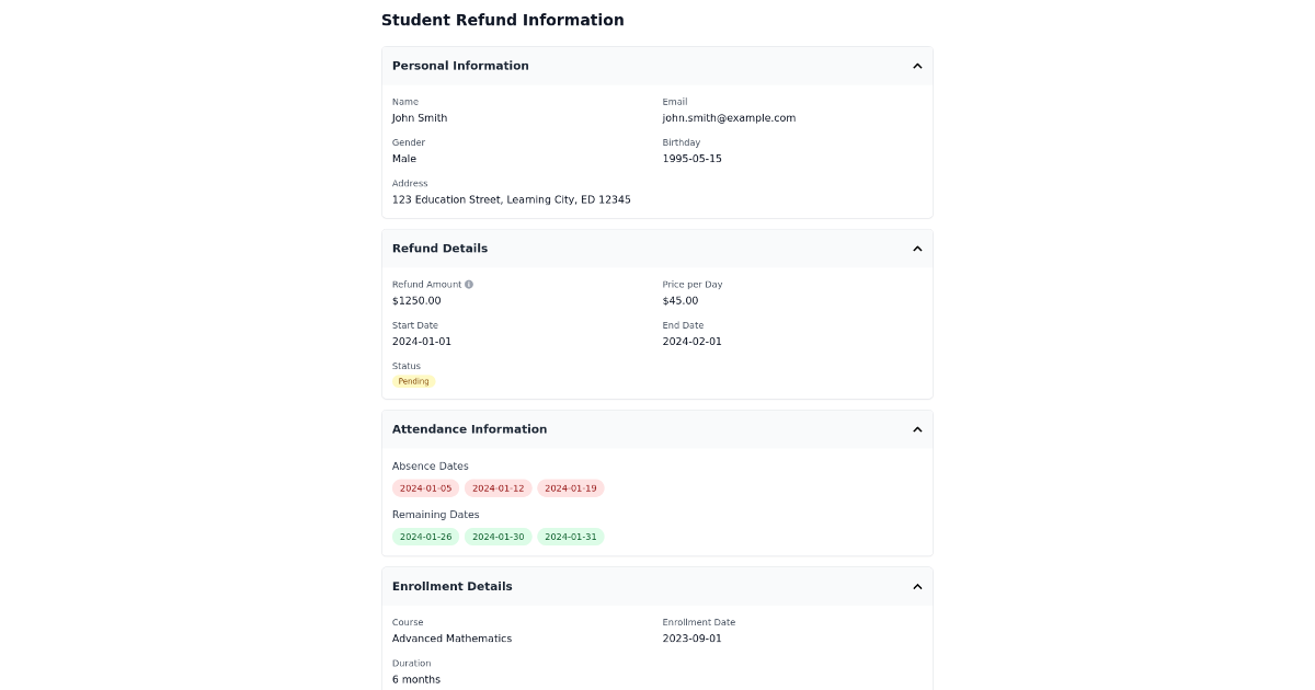Student Refund Info - Free React, Tailwind Component