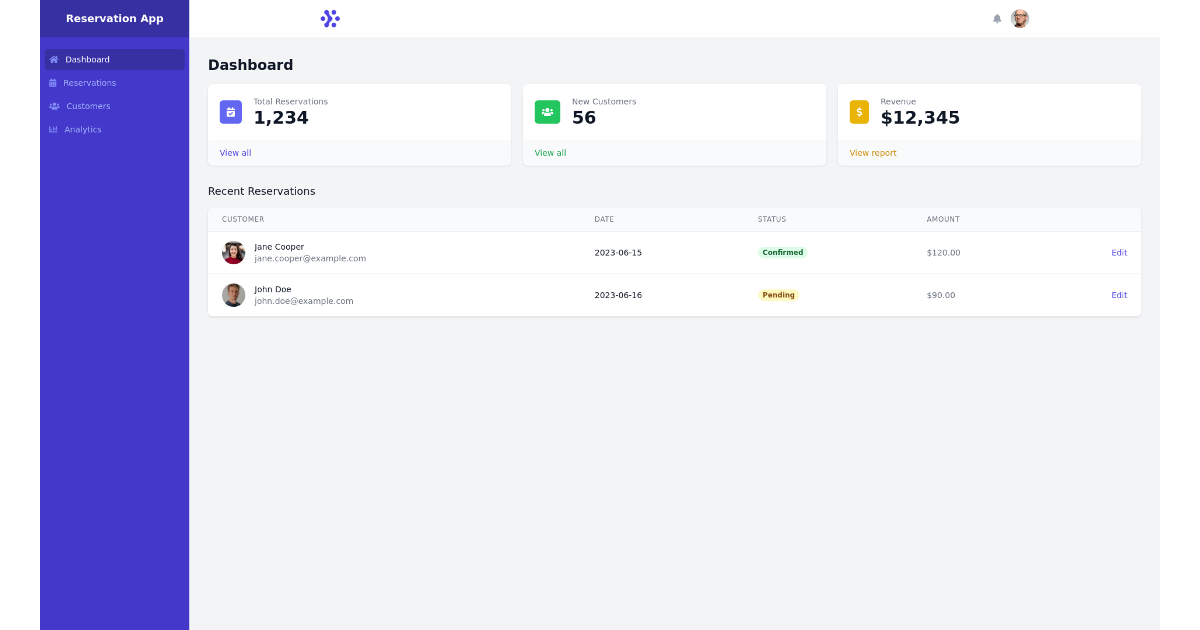 Reservation Dashboard - Free Html, Tailwind Component
