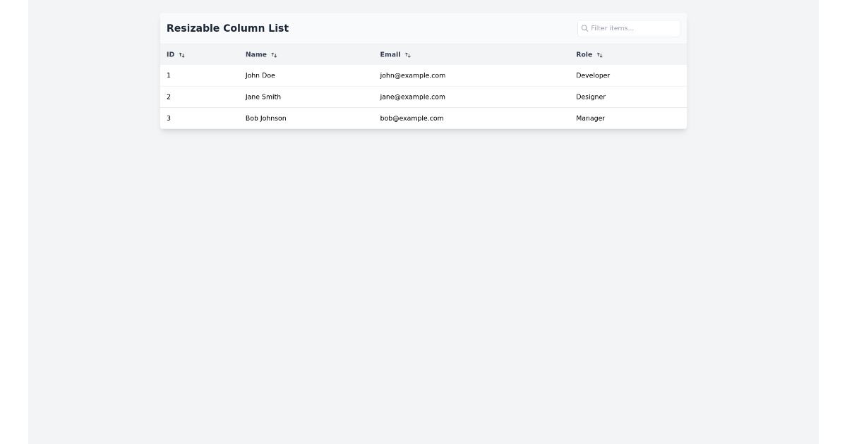 Resizable Column List - Free Html, Tailwind Component