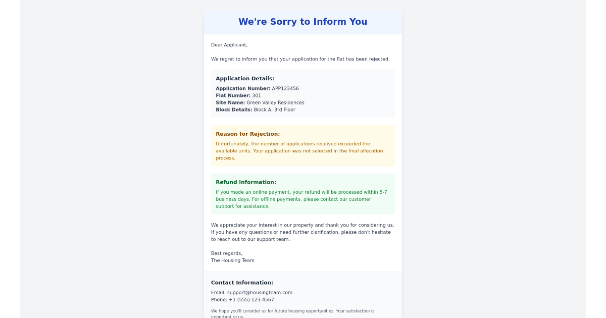 Responsive Email Template for Flat Application Rejection | Tailwind