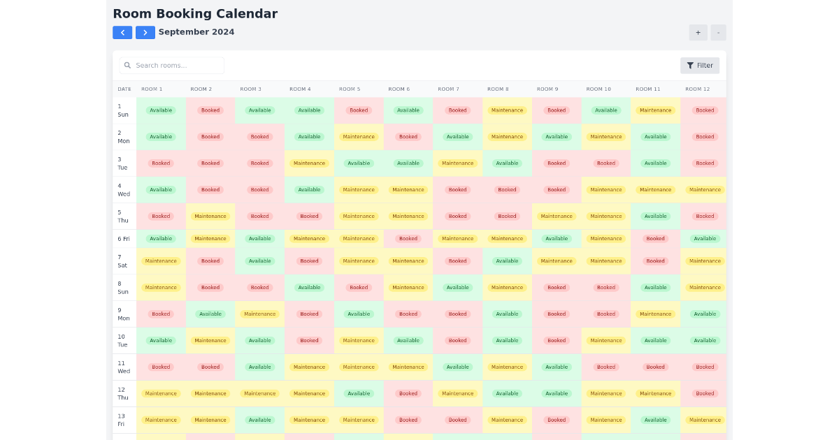 Room Booking Calendar - Free React, Tailwind Component