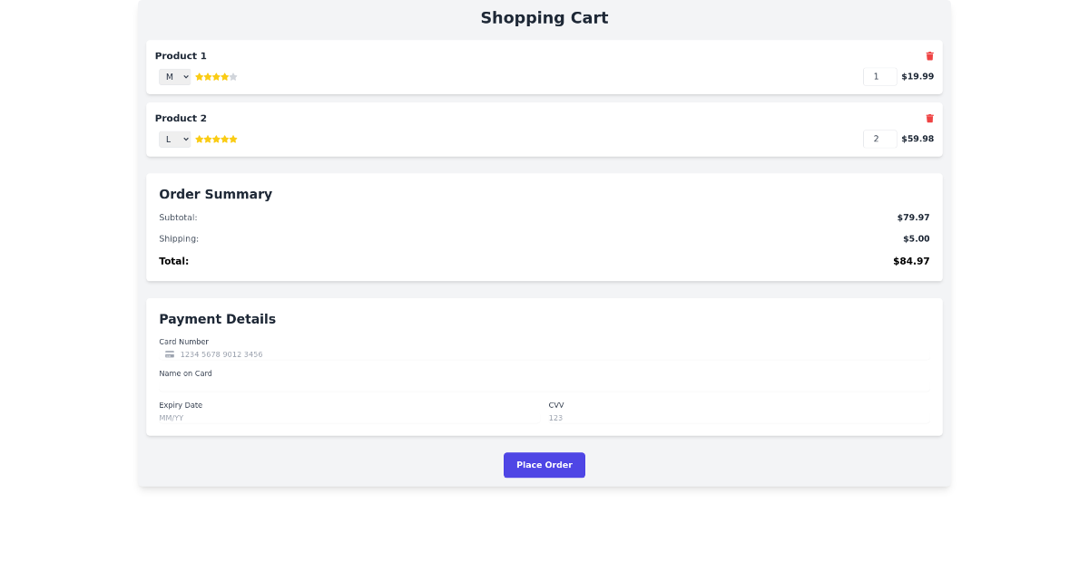 Create a Responsive Shopping Cart with Ratings, Sizes, and Payment Details in React & Tailwind