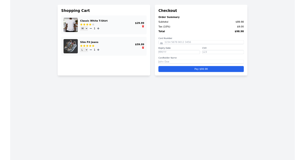 React Shopping Cart with TailwindCSS - Ratings, Sizes & Payment
