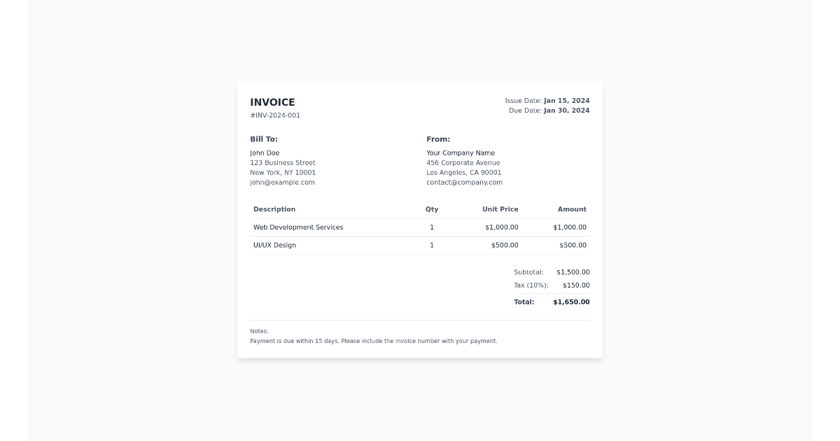 Simple Invoice Component - Free Html, Tailwind Component