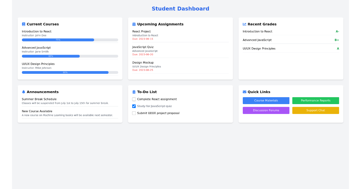 Student Dashboard - Free React, Tailwind Component